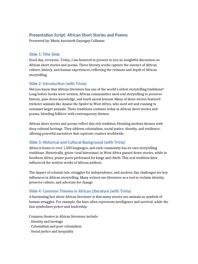 African Short Stories and Poems Script | PDF | African Literature ...