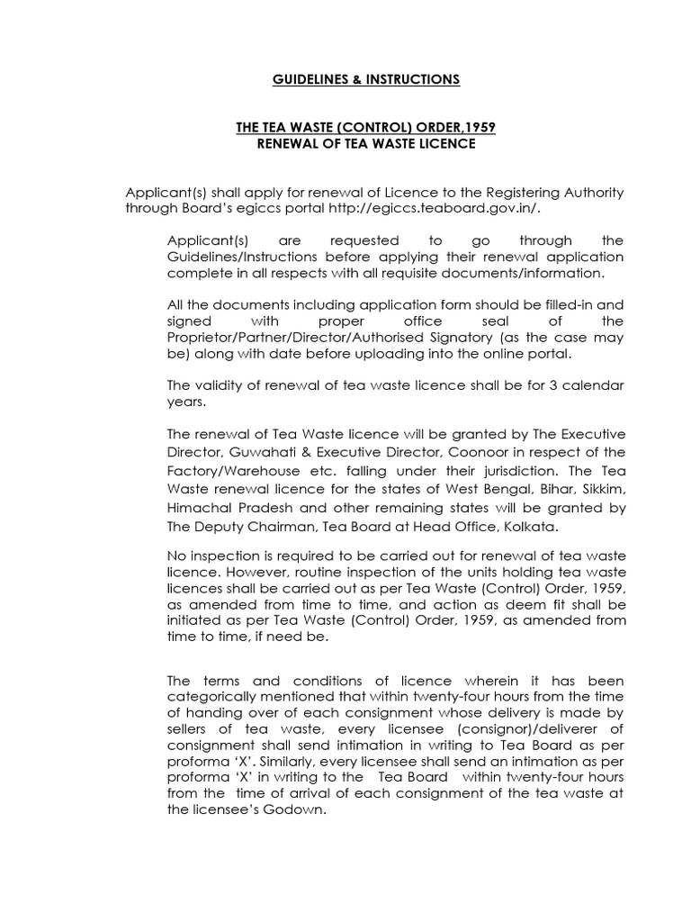 Tea Waste Licence Renewal Guidelines | PDF | License