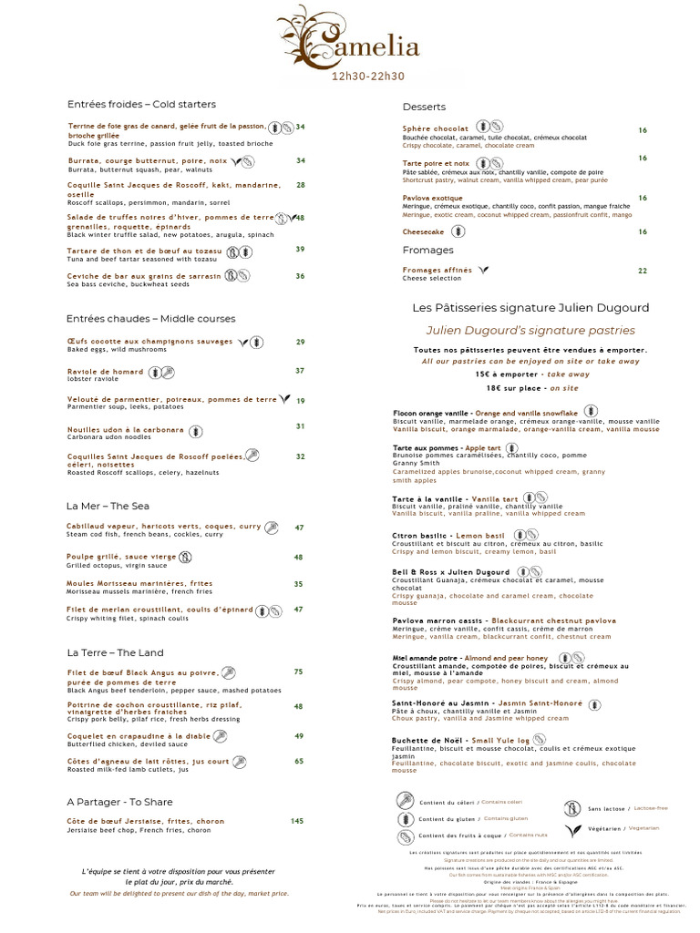 Menu du Restaurant Le Camélia | PDF | Nourritures