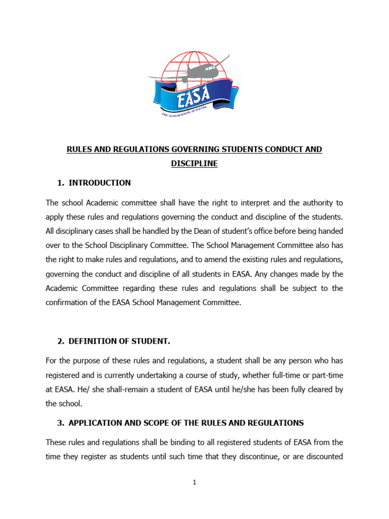 Easa Rules and Regulations Governing The Conduct of Students. Declaration 2023 | PDF | Classroom ...
