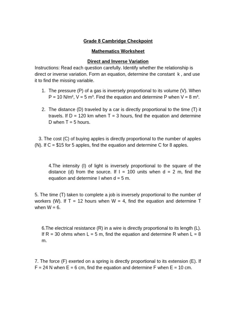 Grade8 - Direct - Inverse - Variation - Worksheet CP | PDF | Pressure ...