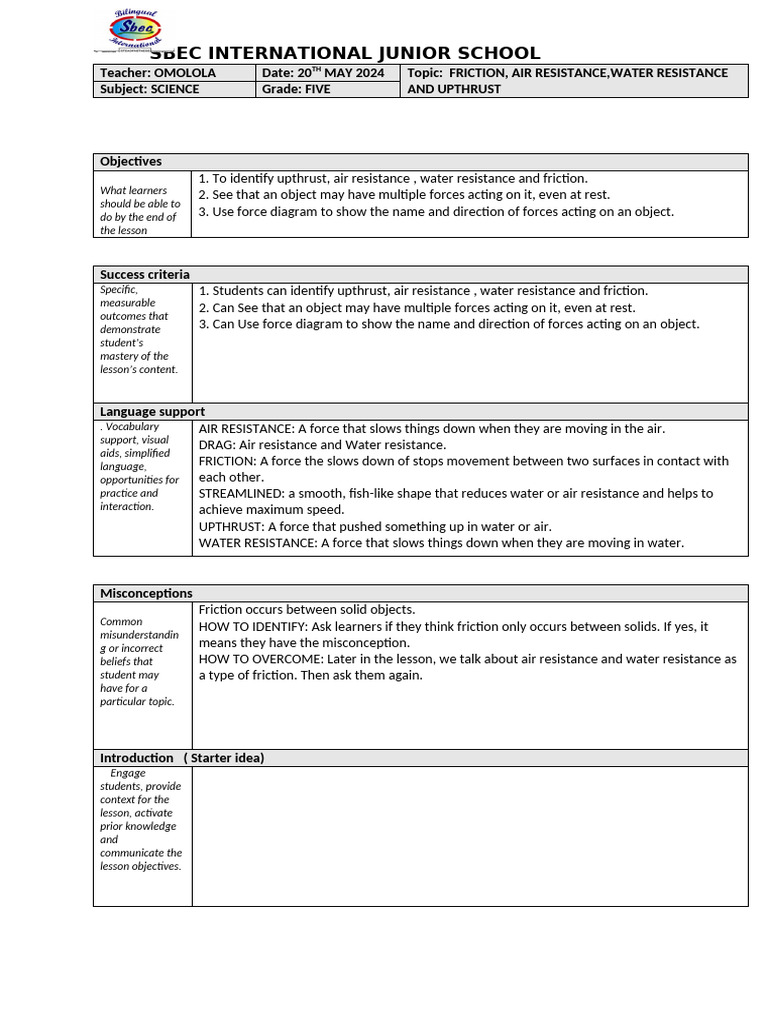 Third Term Science Lesson Plan 3 G5 | PDF | Drag (Physics) | Force