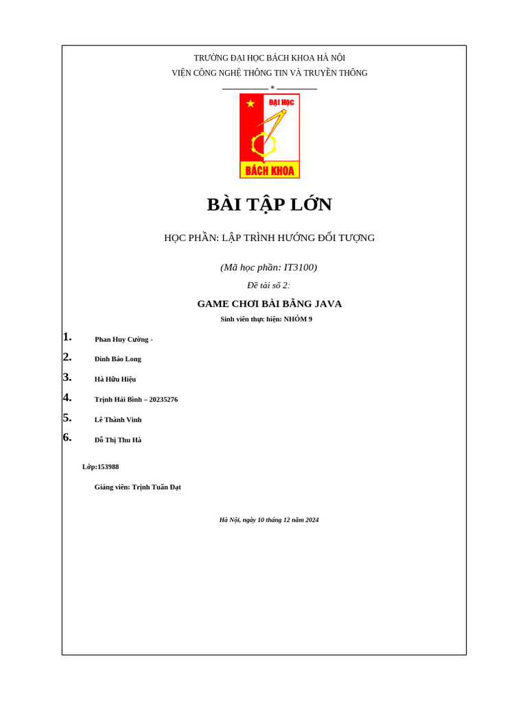 IT3100 153988 BaiTapLon Nhom9 BT2 GameBai | PDF