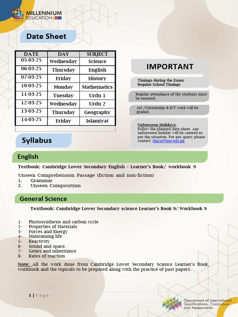 Checkpoint Grade 8 Date Sheet & Syllabus 1st Sessional March 2025 | PDF ...