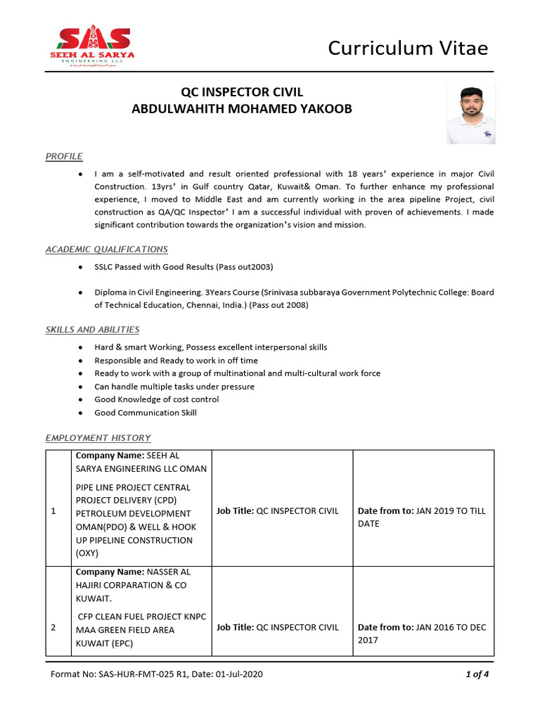 Sas Abdulwahith Qci Civil CV | PDF | Quality Assurance | Concrete