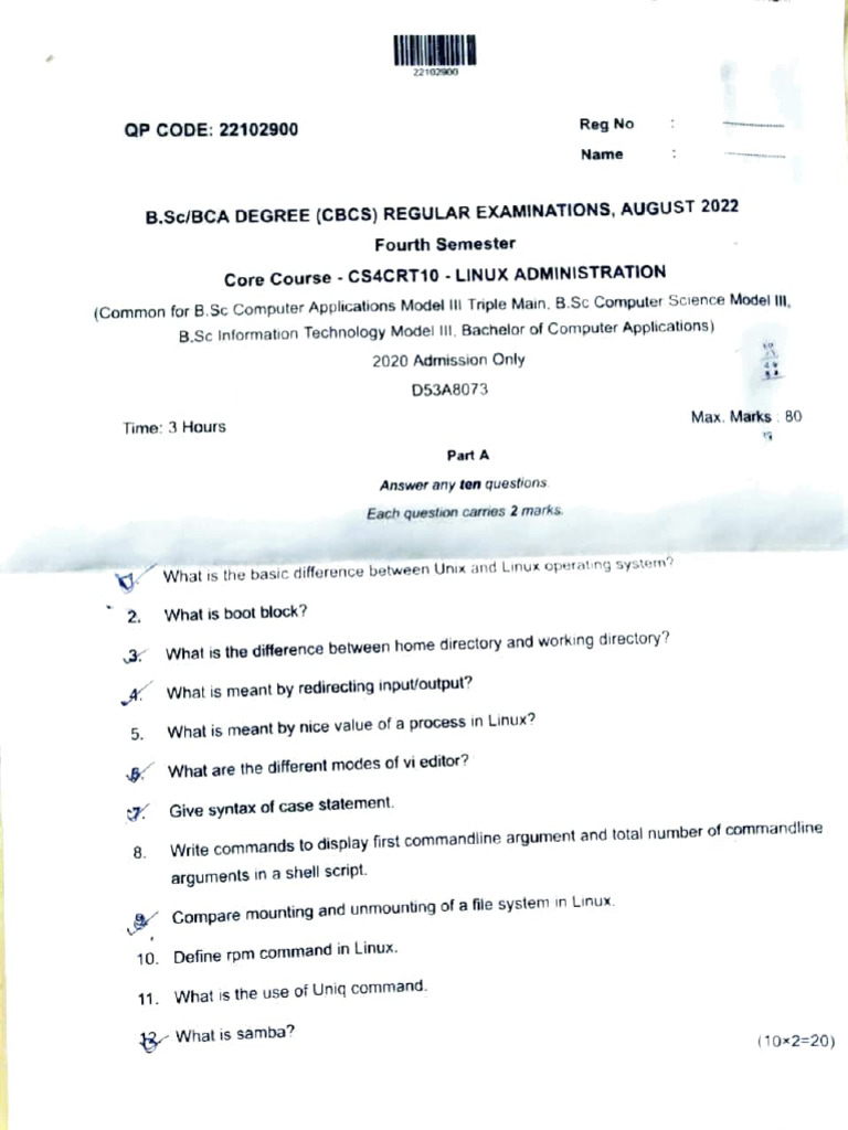 Linux Question Paper Aug 2022 | PDF | Command Line Interface | Linux