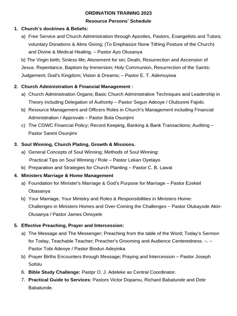 Ordination Training Schedule 2023 | PDF