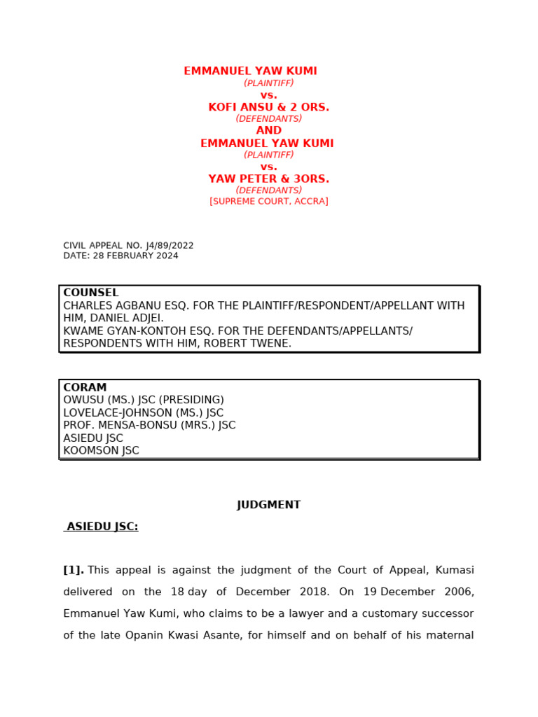 Emmanuel Yaw Kumi VRS Kofi Ansu & 2 Ors, Emmanuel Yaw Kumi, Yaw Peter ...
