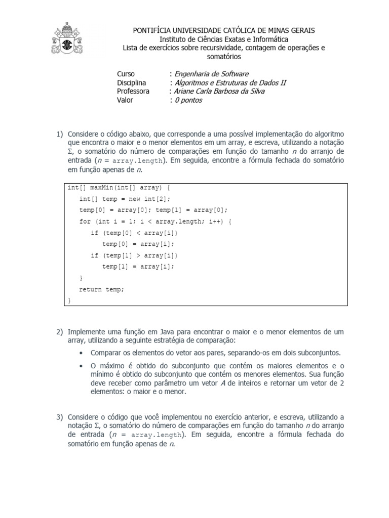 Exercícios de Recursividade e Algoritmos | PDF | Somatório | Matemática