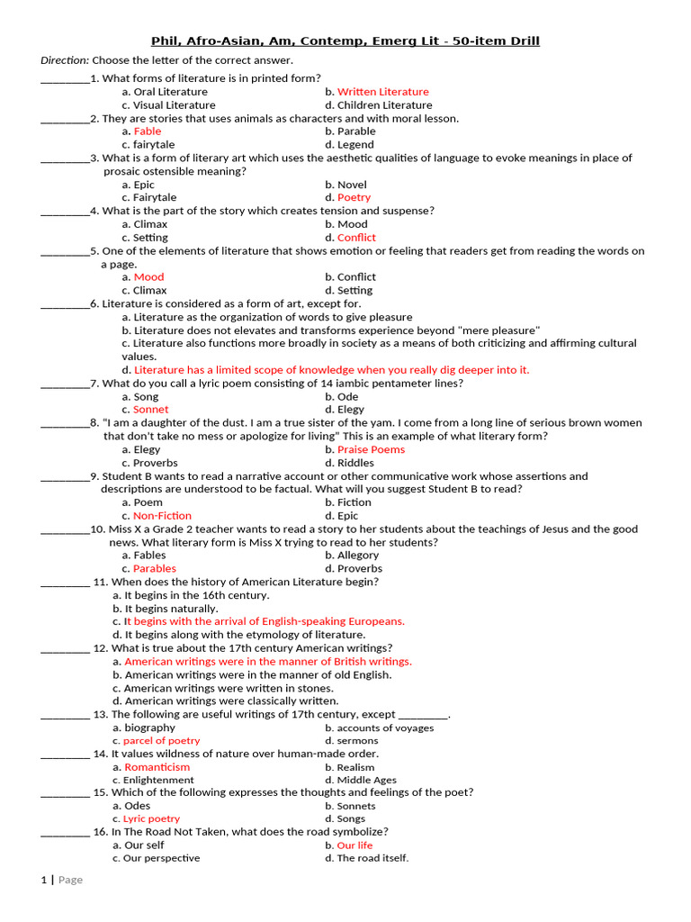 Phil Afro Asian Am Contemp Emerg Lit 50 Item Drill | PDF | Poetry
