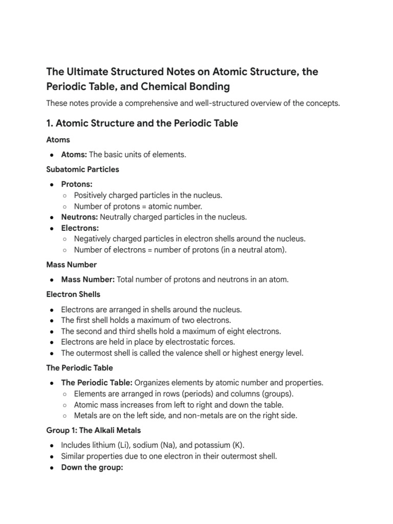 Structured Notes on Atomic Structure, the Periodic Table, and Chemical ...