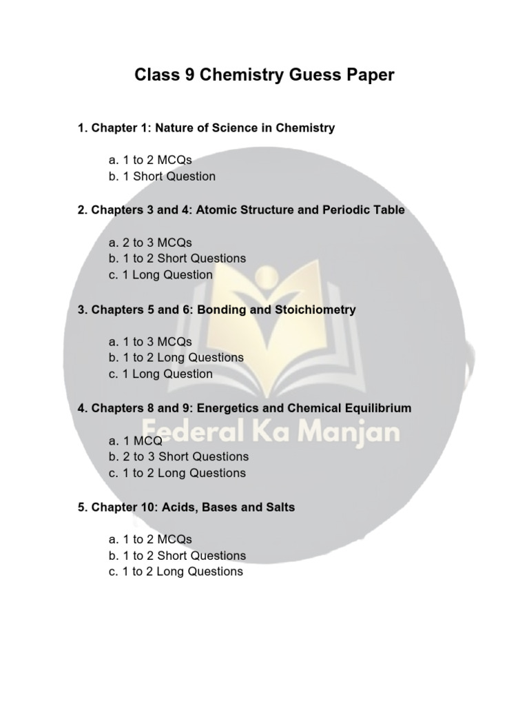 Class 9 Chemistry Guess Paper (FBISE) | PDF