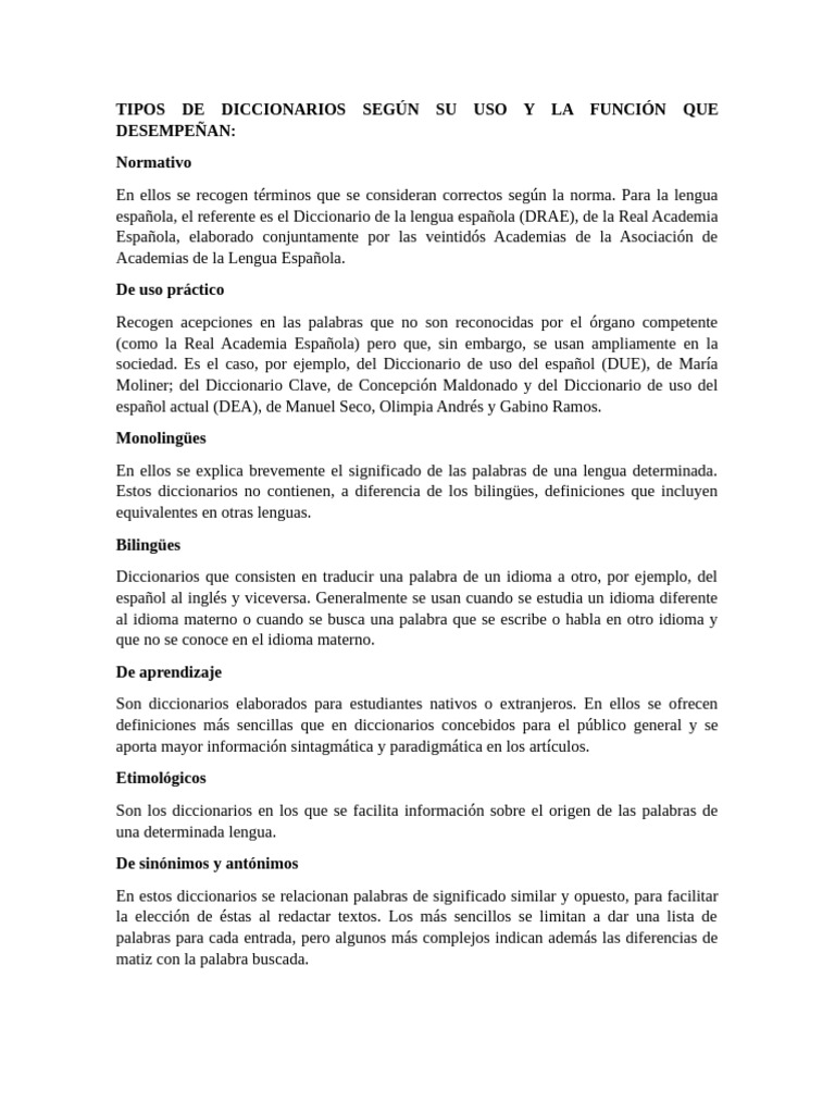 Tipos de Diccionarios Según Su Uso Y La Función Que Desempeñan ...