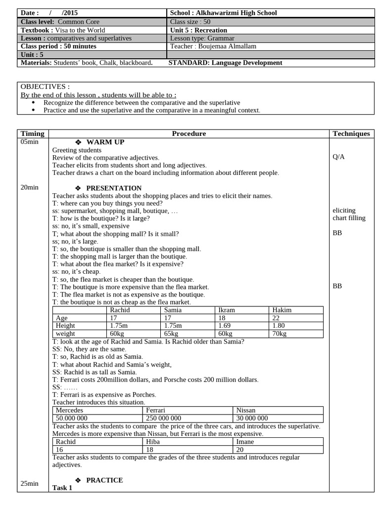 Comparatives and Superlatives - Visa Lesson Plan | PDF