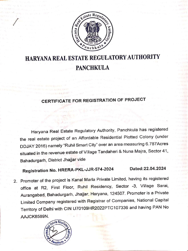 Ruhil SmartCity RERA Certificate | PDF