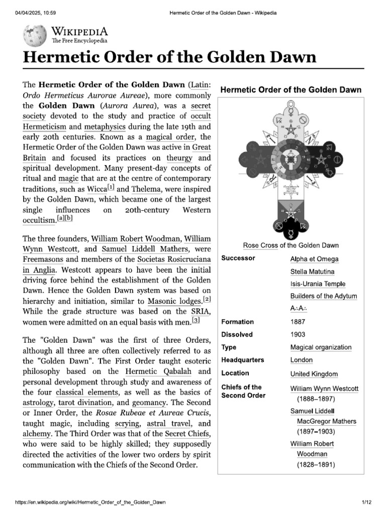 Hermetic Order of The Golden Dawn - Wikipedia | PDF