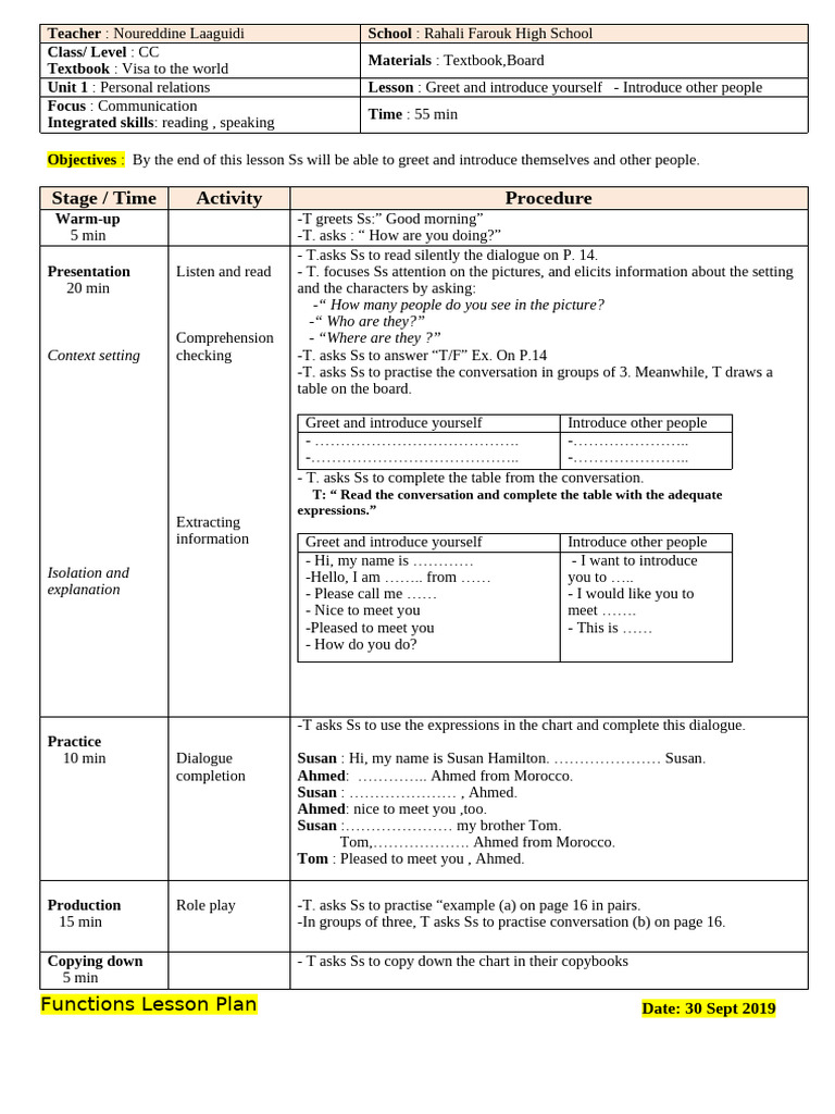 Lesson Plan Functions Greeting Introduce Yourself Introduce Somene CC | PDF | Cognitive Science ...