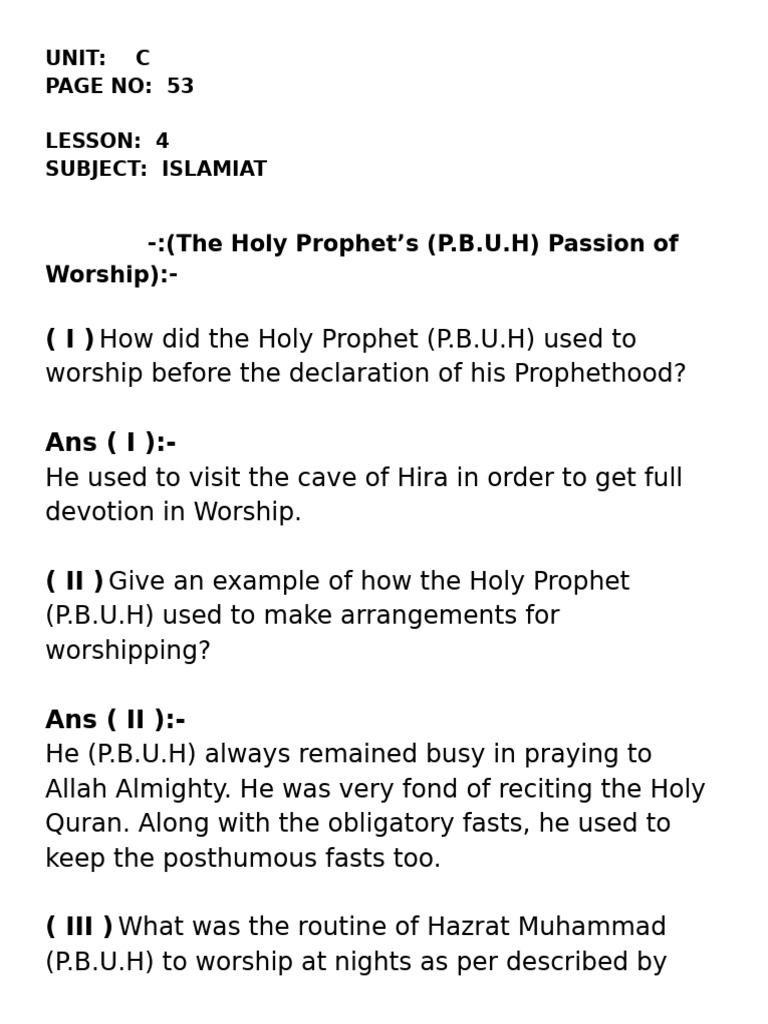 Islamiyat 9th Class Unit-C, Lesson-5 (The Holy Propher (P.B.U.H) Passion Od Worship) | PDF