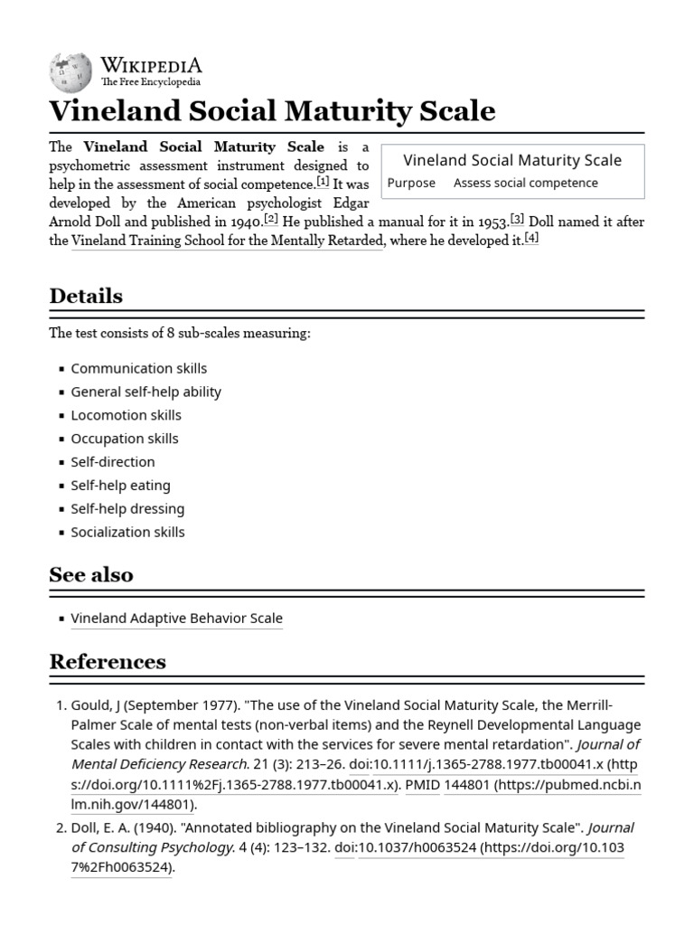 Vineland Social Maturity Scale - Wikipedia | PDF | Intellectual ...
