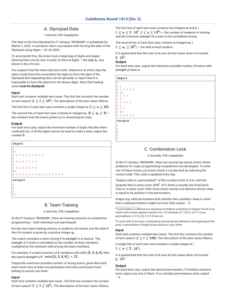 Problems - Codeforces 1013 div 3 | PDF | Permutation | Abstract Algebra