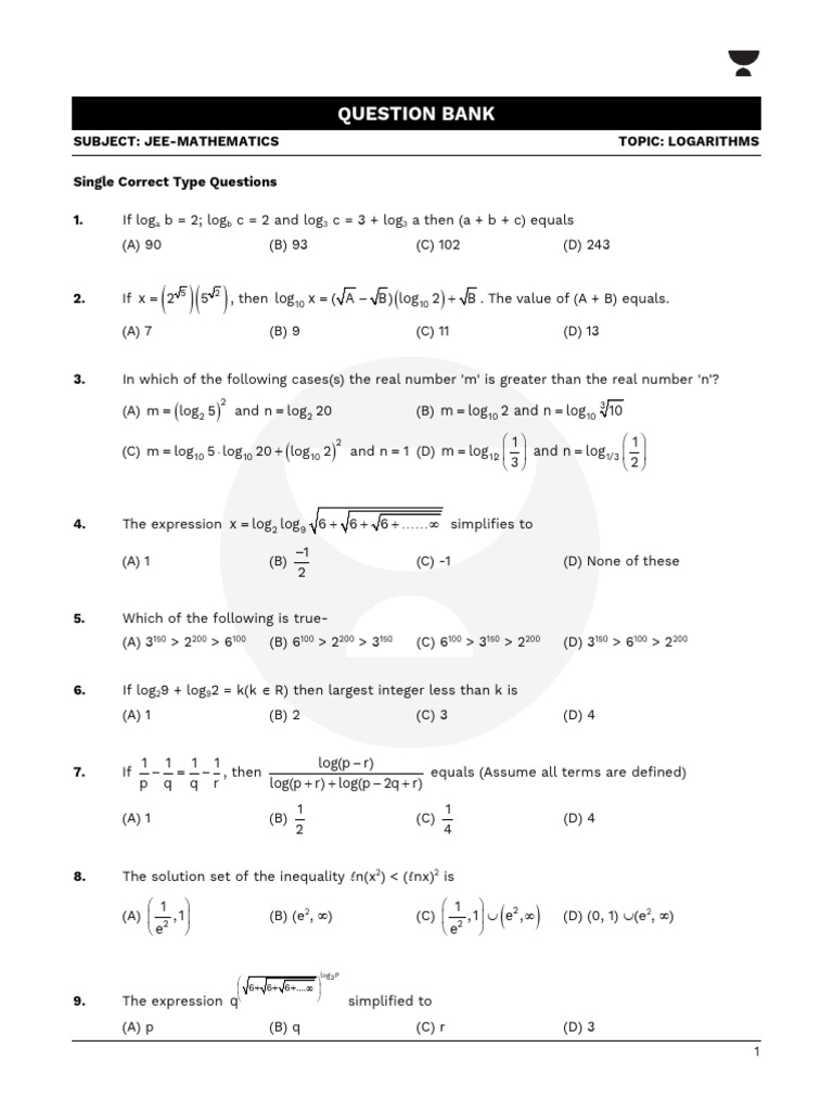 Logarithm - Question Bank - SC (Extra Practice of Log) | PDF | Rational ...