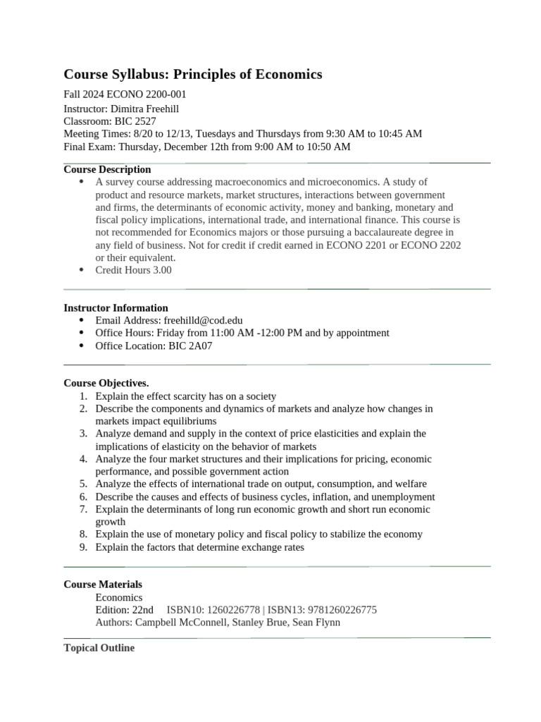 Syllabus Econo2200-Fa2024 Freehill16week | PDF | Economics | Macroeconomics