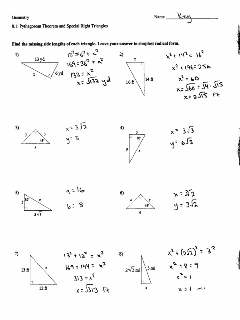 8.1 Pythagorean Theorem and Special Right Triangles Key | PDF