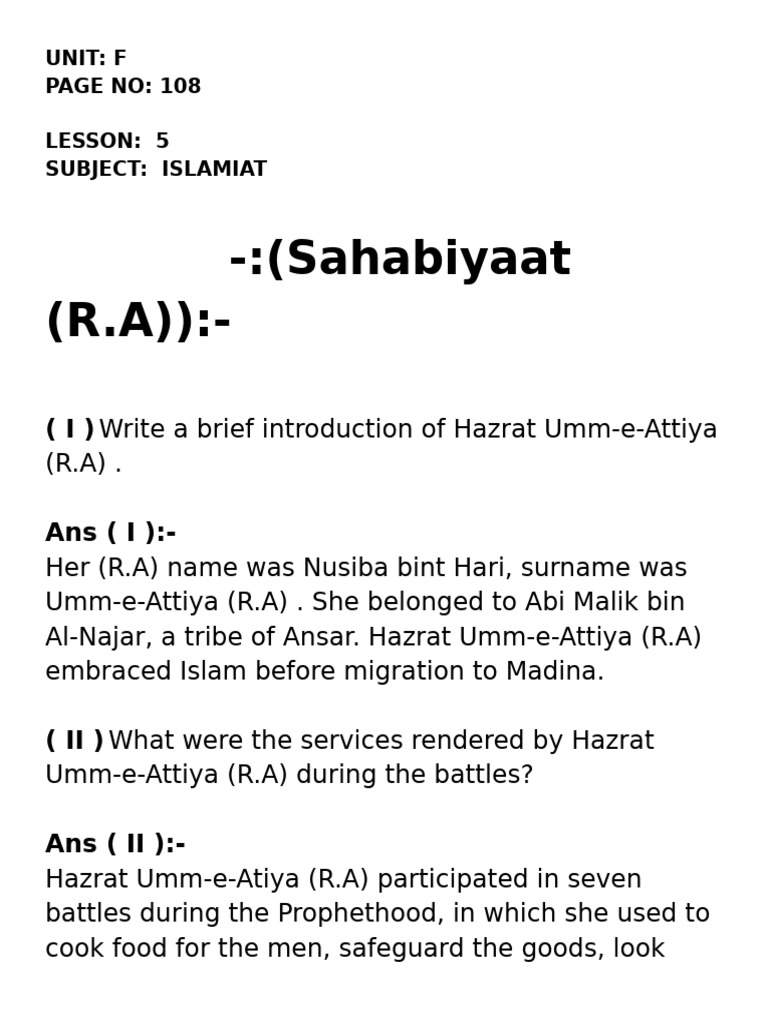 Islamiyat 9th Calss Unit-F, Lesson-5 (The Sahabiyaat (R.A) ) | PDF