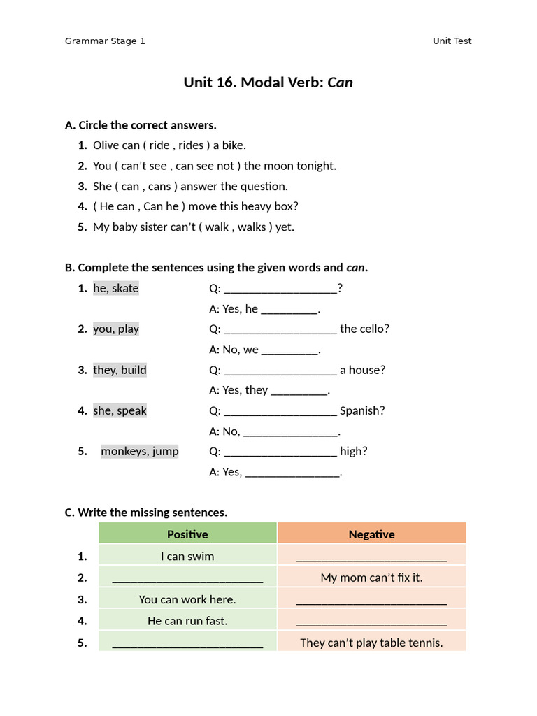 Modal Verbs Unit Test: Can | PDF