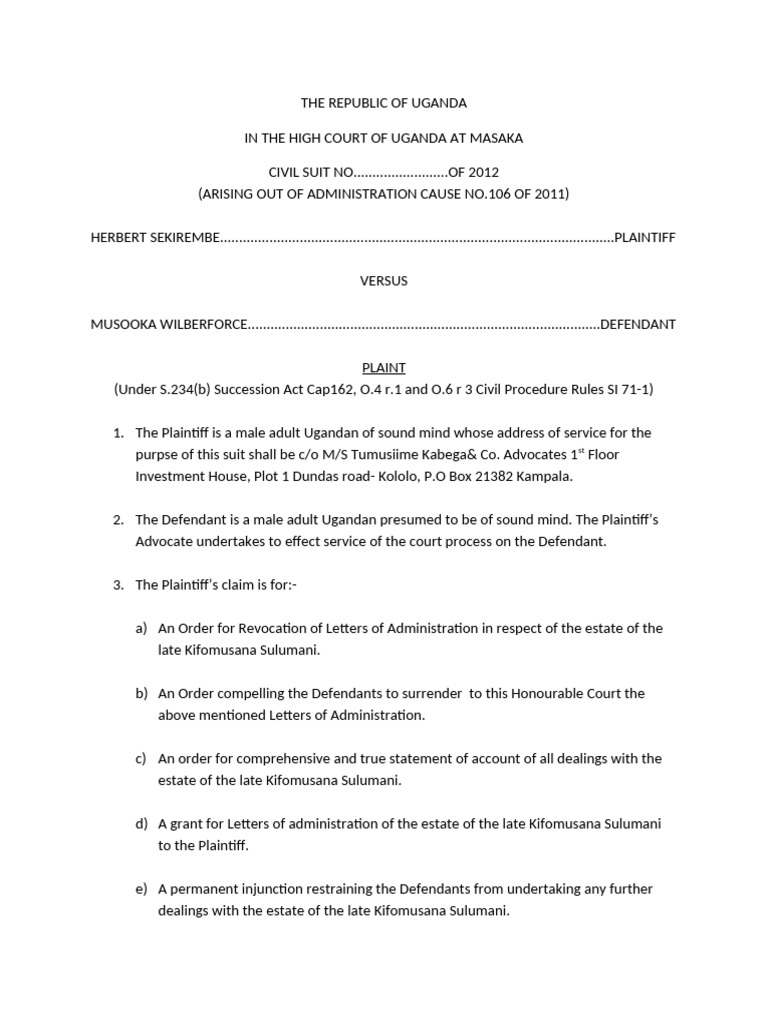 Plaint For Revocation of Letters of Admi | PDF | Lawsuit | Civil Law ...