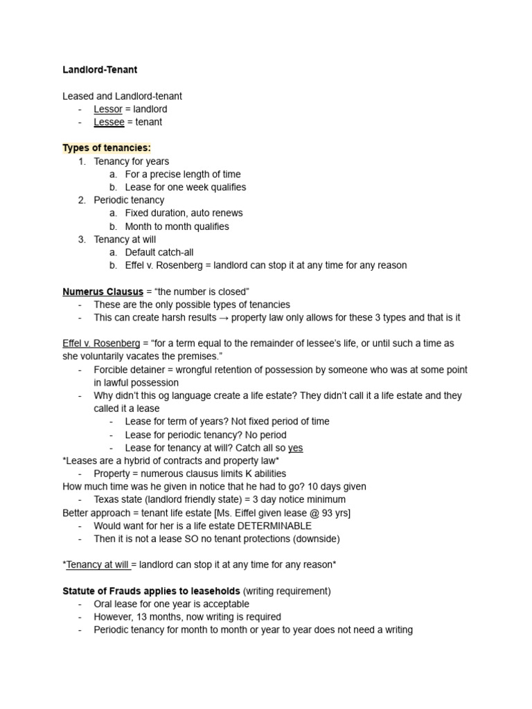 Landlord-Tenant - Class Notes | PDF | Lease | Leasehold Estate