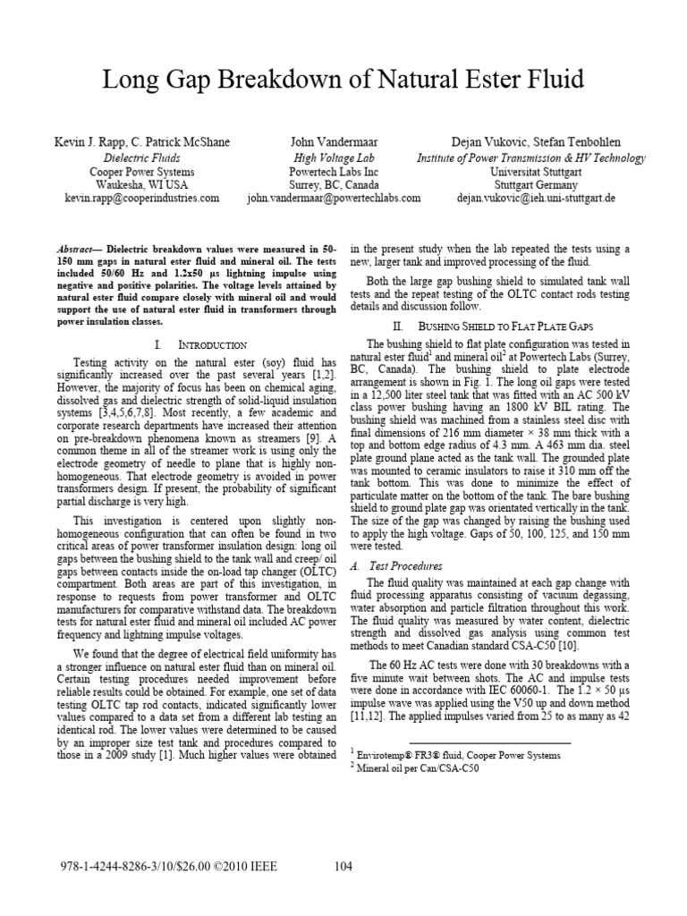 2010 Long Gap Breakdown of Natural Ester Fluid - 2010 | PDF | Insulator ...