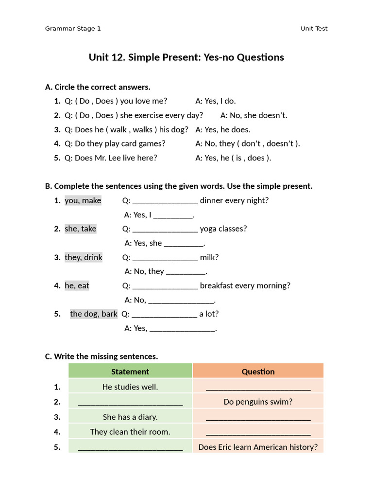Grammar Stage 1 - Unit Test 12 | PDF