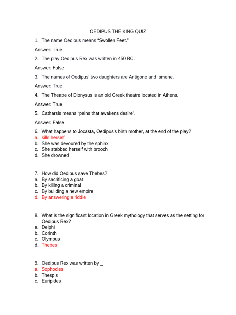 OEDIPUS THE KING QUIZ | PDF