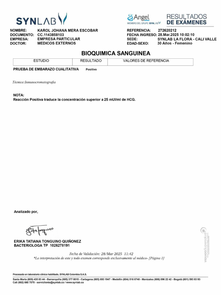 Resultados Prueba de Embarazo-Hcg Cualitativa - Karol Johana Mera Escobar-Synlab - JPG | PDF