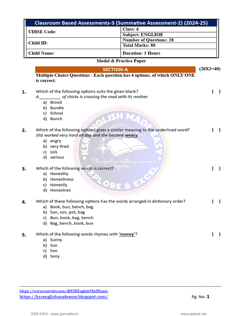 6th Class English SA2 Question Paper 2024 | PDF | Part Of Speech | Grammar