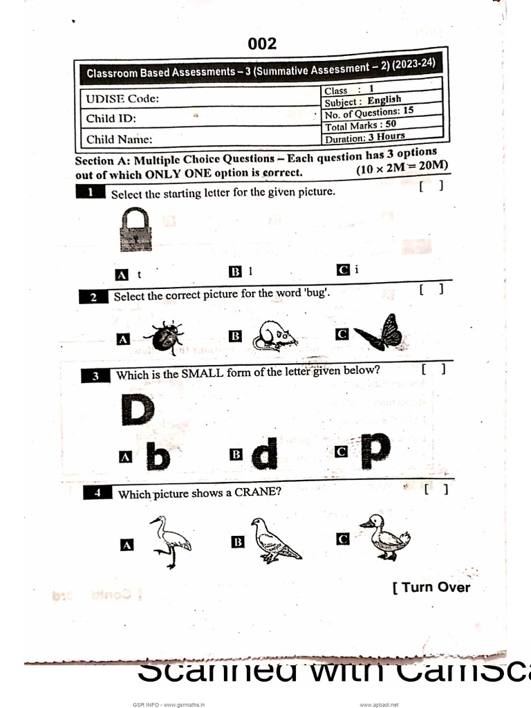 1st Class English SA 2 2023-24 Question Paper | PDF