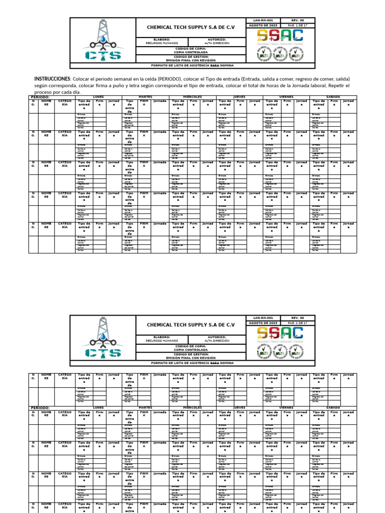 Lan-Rh-001 Formato de Lista de Asistencia Nomina Rev 00 Agosto 2021 | PDF