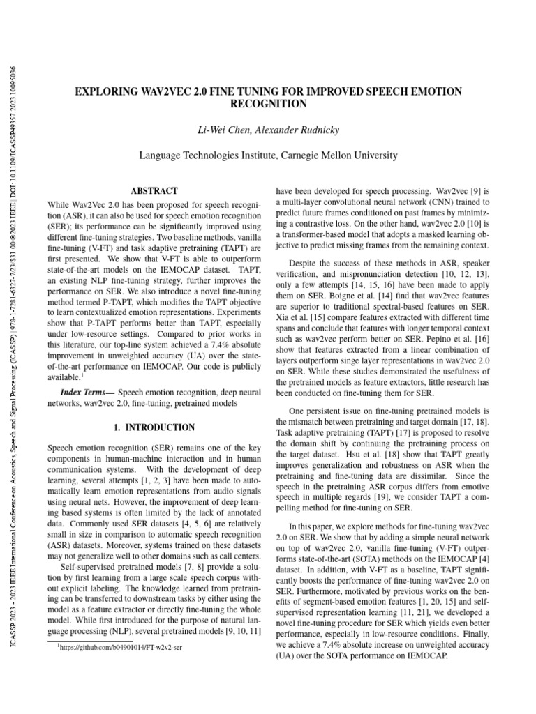 Exploring Wav2vec 2.0 Fine Tuning For Improved Speech Emotion Recognition | PDF | Speech ...
