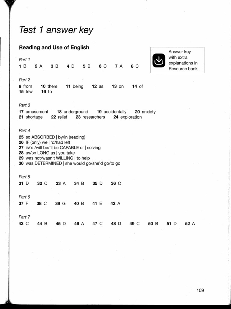 B2 First For Schools 4. With Answers. Test 1. Answer Key. Reading and ...