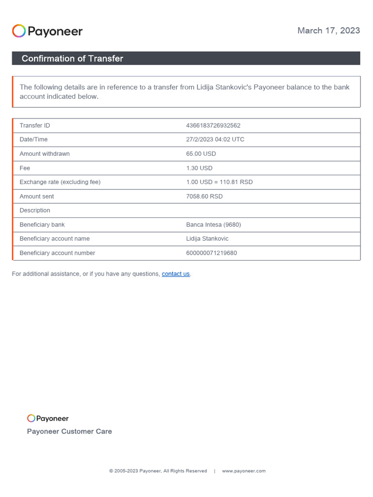 Payoneer Transfer Confirmation Details | PDF