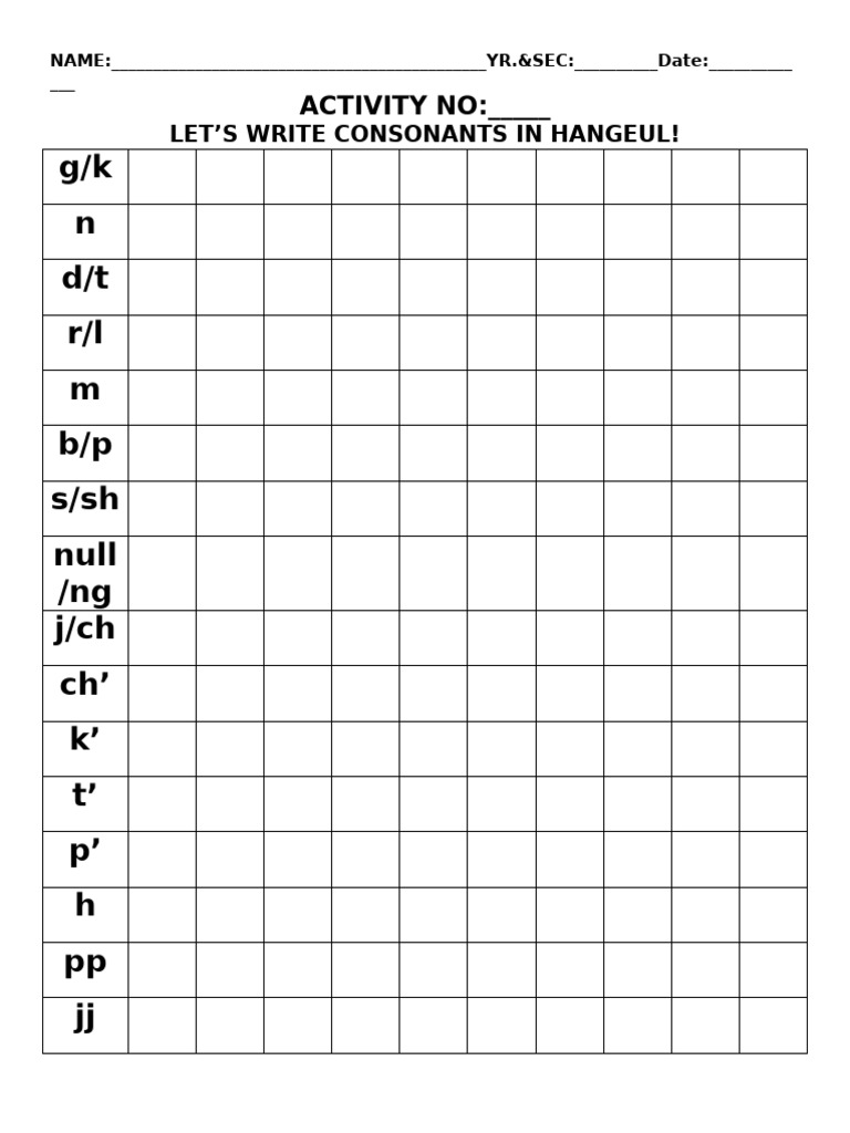 Hangeul Consonant and Vowel Writing Guide | PDF