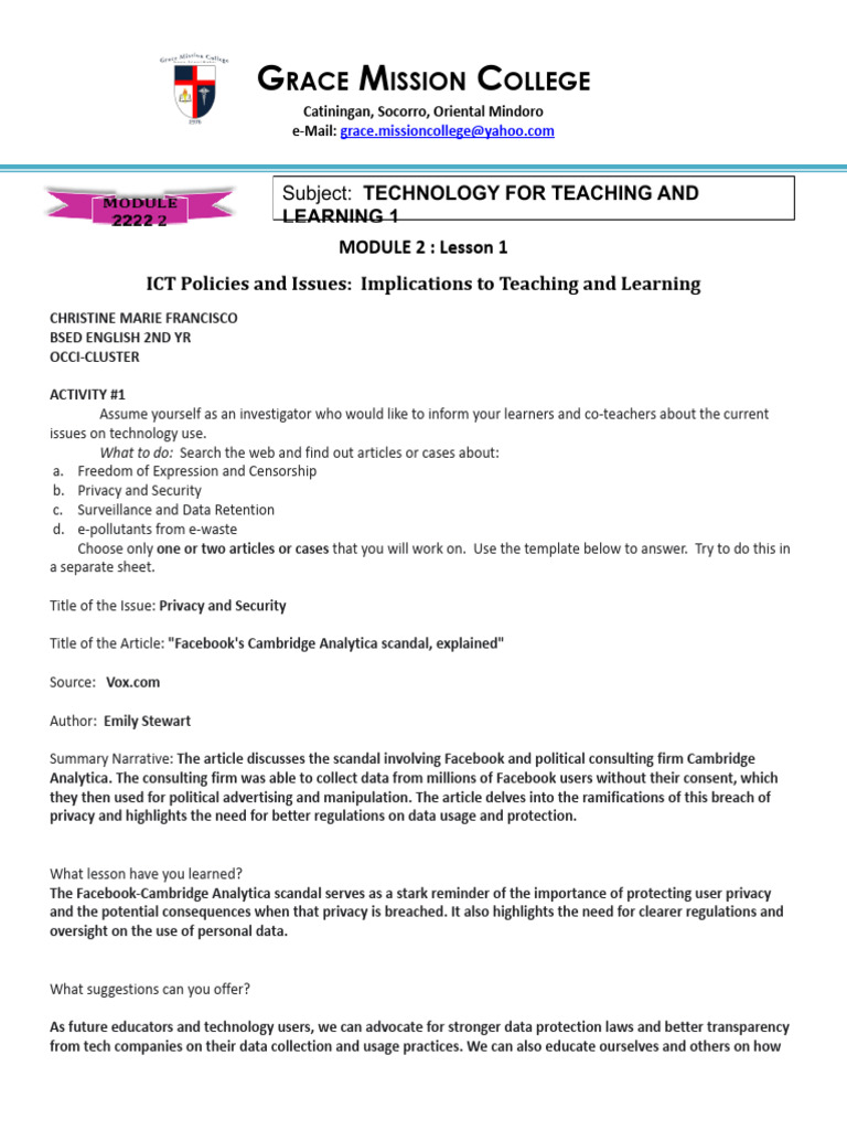 MODULE 2 Lesson 1 TfTaL-ICT Policies and Issues Implications To Teaching and Learning | PDF ...