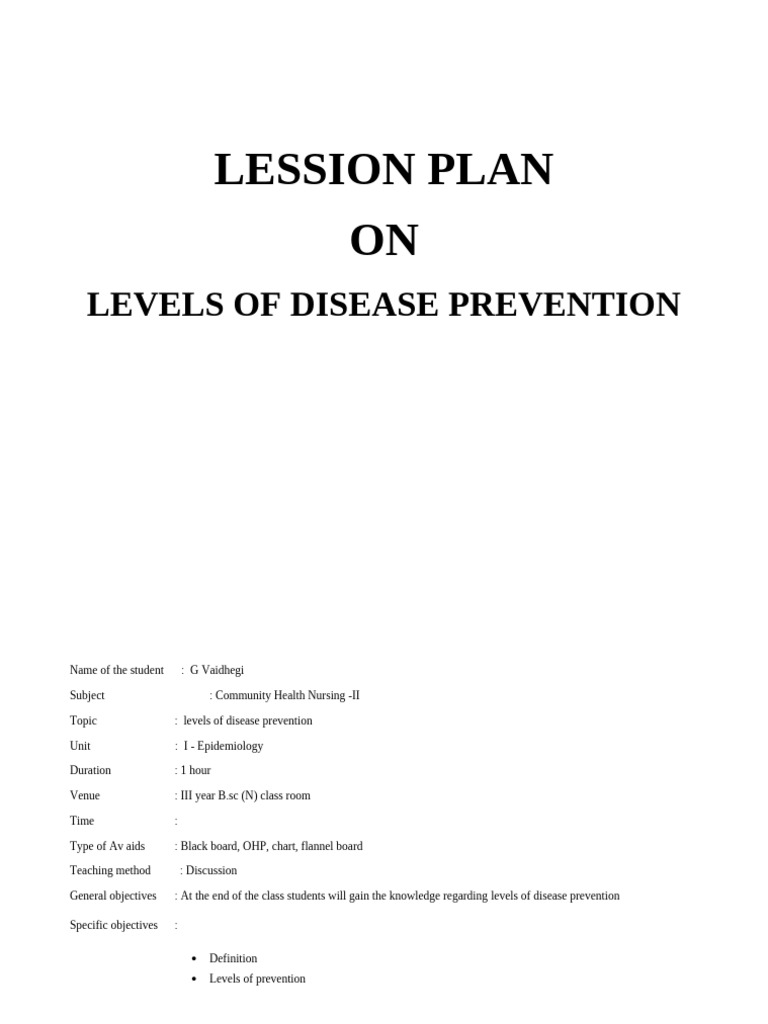 LESSION PLAN 2 Levels of Disease Prevention | PDF | Preventive Healthcare | Epidemiology
