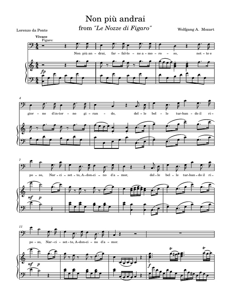 W.A. Mozart - Non Più Andrai (From Le Nozze Di Figaro) | PDF | Vocal ...