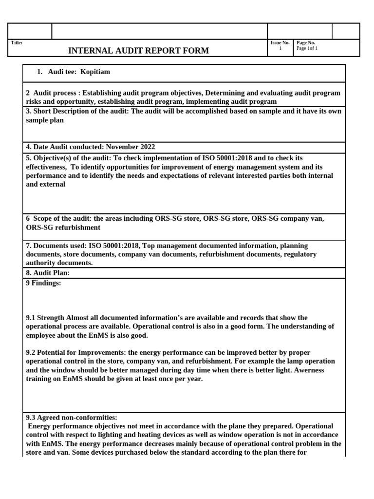 Internal Audit Report on ISO 50001:2018 | PDF | Audit | Internal Audit