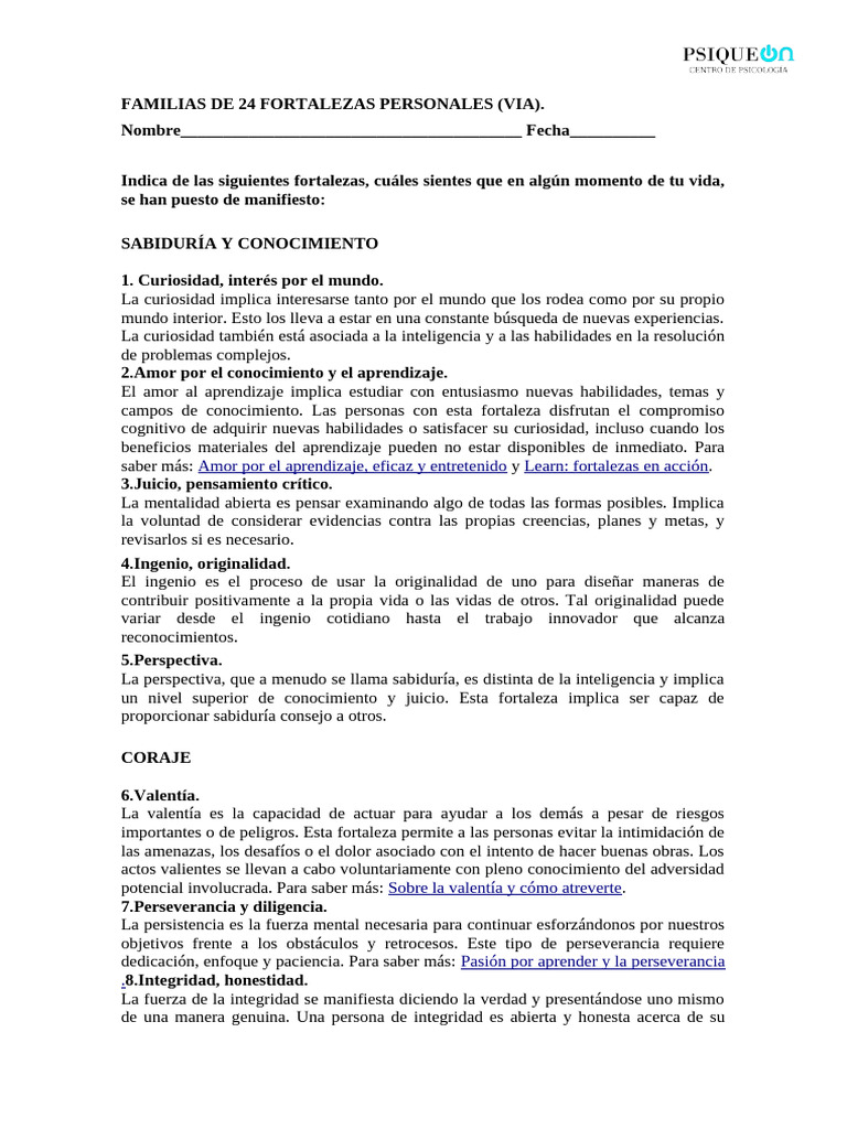VIA 24 FORTALEZAS | PDF | Creatividad | Pensamiento