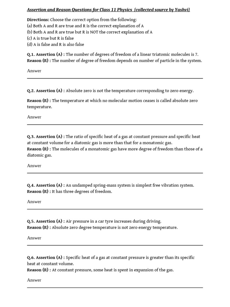 Assertion and Reason Questions For Class 11 Physics BY 11th Grader | PDF | Rotation Around A ...