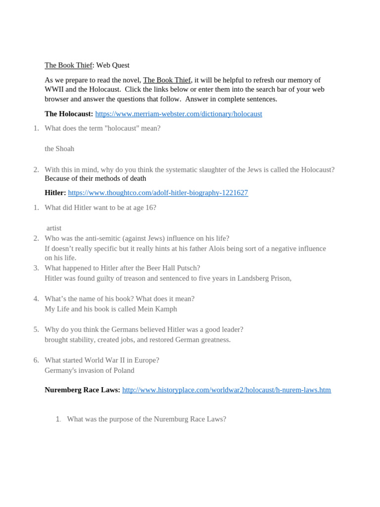 The Book Thief Web Quest 2022 | PDF | The Holocaust | Nazi Germany