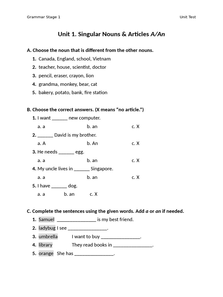 Grammar Stage 1_Unit Test 1 | PDF